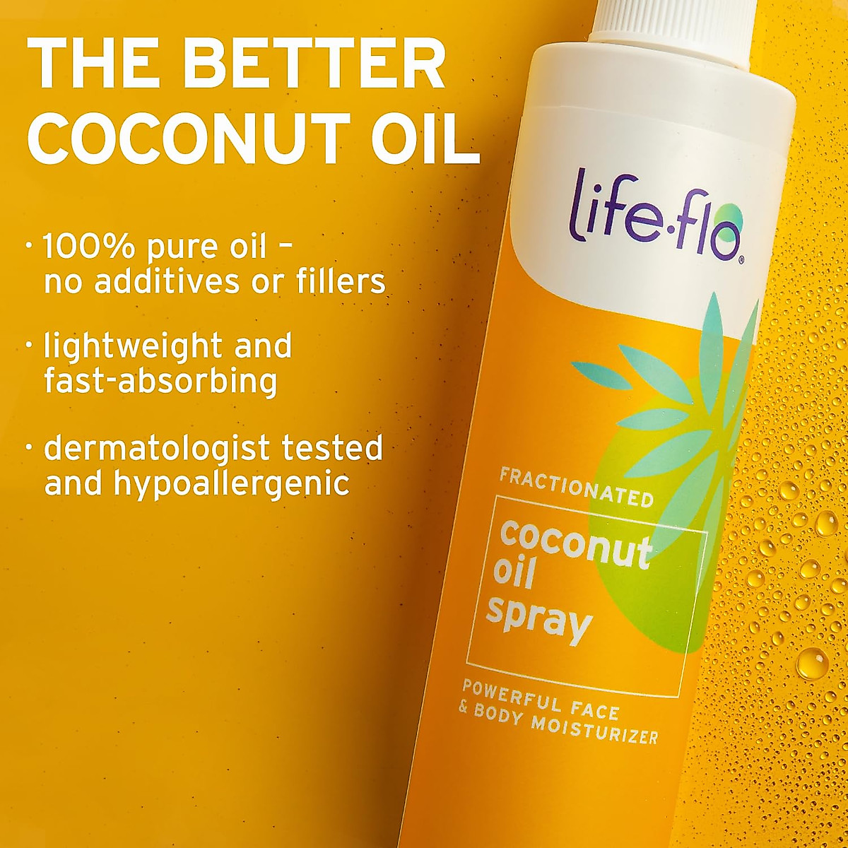 Life-flo Fractionated Coconut Oil Spray, Refined Liquid Coconut Oil for Skin Care, Hair Care, Lightweight Moisturizer, All Skin Types, Hypoallergenic, 60-Day Guarantee, Not Tested on Animals, 8oz