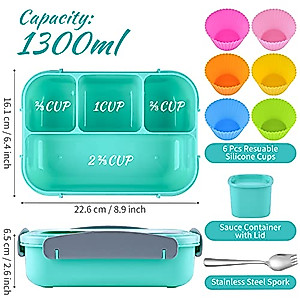 Zezzxu Bento Lunch Box for Kids and Adults, 1300 ML 4-Compartment Bento Box Set, Leak-Proof Plastic Lunch Containers Kit with Accessories, Microwave & Dishwasher & Freezer Safe (Green)