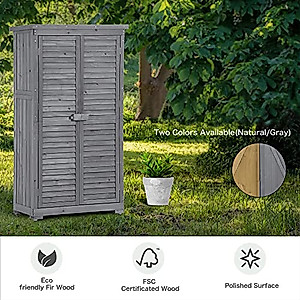Merax Wooden Garden Shed 3-Tier Patio Storage Cabinet Outdoor Organizer Wooden Lockers with Fir Wood (Gray Wood Color -Shutter Design)