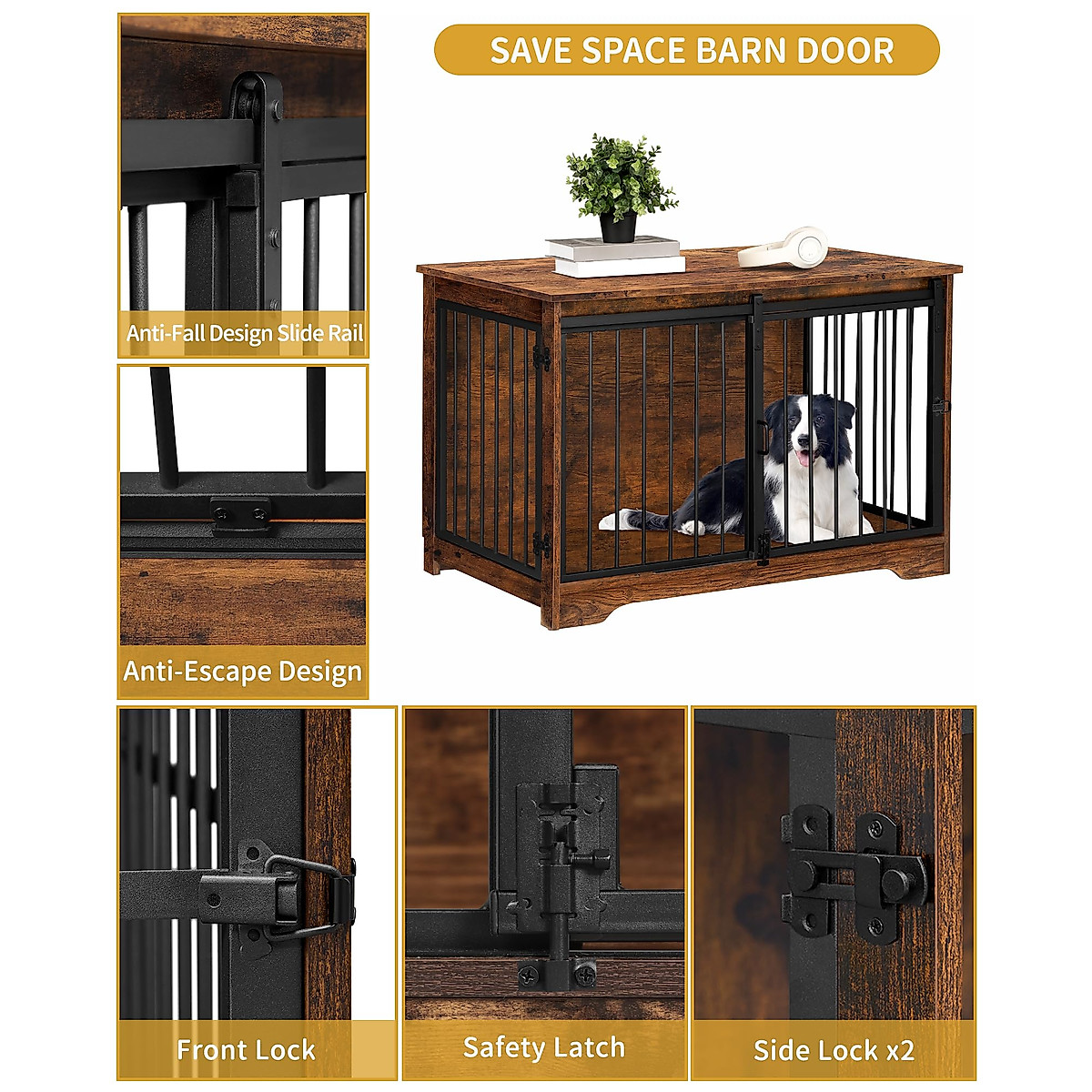 Hzuaneri Dog Crate Furniture, 39.4" Double Door Dog Crate with Barn Door, Dog Kennel Indoor, End Side Table Wooden Dog Crate for Small Medium Large Dog, Anti-Chew Anti-Escape, Rustic Brown DFC02301B