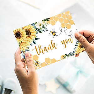 Whaline 24Pcs Sunflower Bee Thank You Cards Bulk Watercolor Summer Flower Greeting Cards with Envelope Stickers Blank Note Cards for Wedding Baby Shower Bridal Birthday Party, 4 x 6 Inch