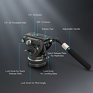 SmallRig DH10 Heavy Duty Tripod Fluid Video Head with Flat Base and Adjustable Handle, Quick Release Plate for Manfrotto Video Head Mount Plate, Load up to 22Ibs, for Video Cameras, DSLR Cameras 4165
