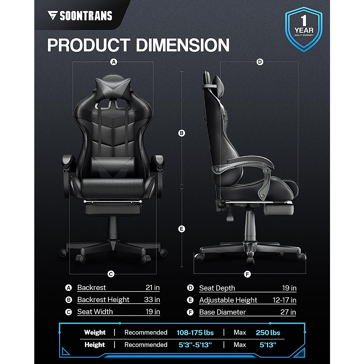 Soontrans Black Gaming Chairs with Footrest, Ergonomic Gamer Chair, Home Office Chair,PC Computer Chair with Headrest and Lumbar Support(Dark Black)