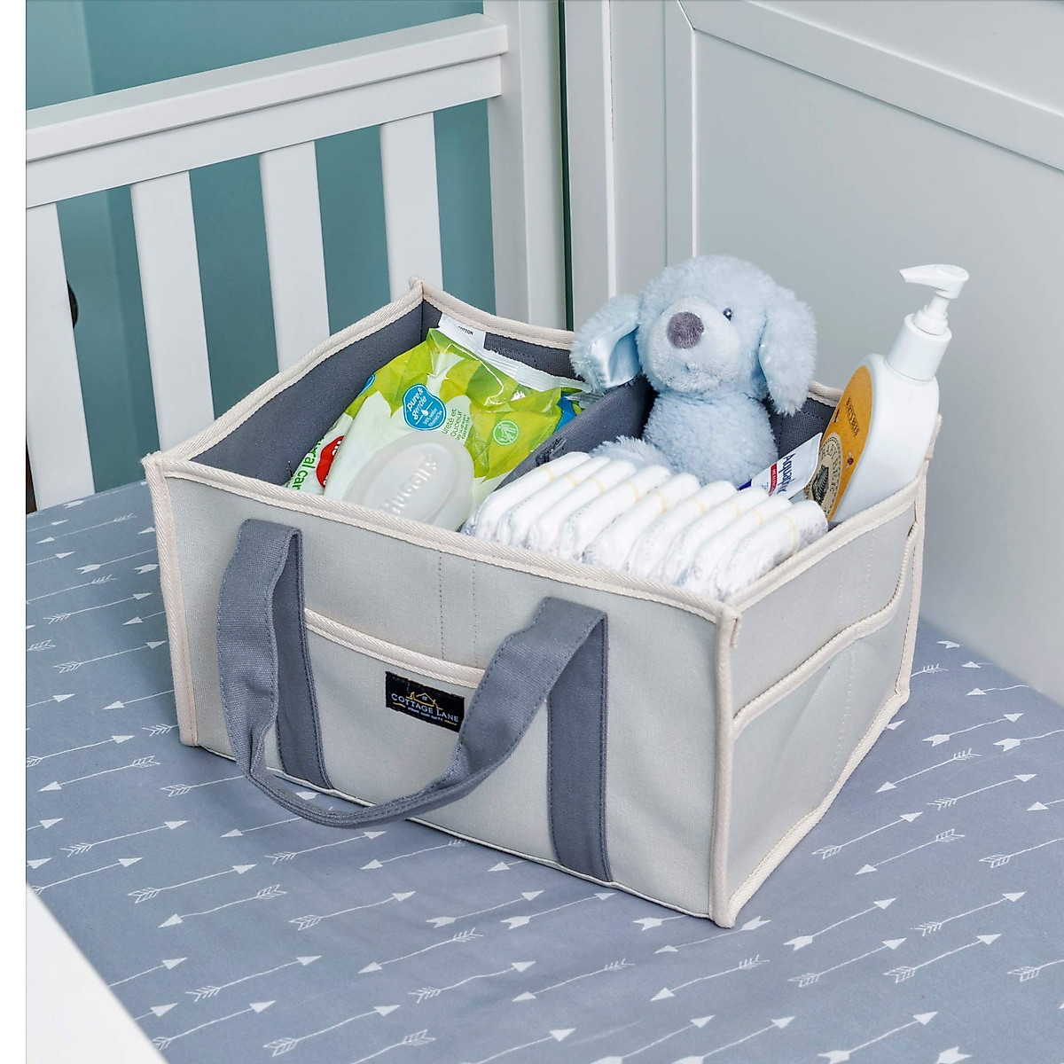 Cottage Lane Hanging Diaper Stacker Plus Caddy, 2 Piece Set, Gray Gender Neutral Cotton Canvas, Stylish Nursery Diaper Organization, Shower Gift