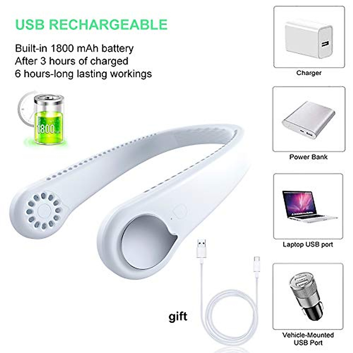 Personal Fans Portable, Upgraded Small Fan Necklace Rechargeable 1800Mah, Bladeless USB Fan Around Your Neck, Wearable Hands Free Sport Fan Quiet, 3-speed 6-hour Battery Life for Travel Sports Carry