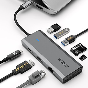 Docking Station - iDsonix 8 in 1 USB C Hub Aluminum Multiport Adapter with HDMI 4K@60Hz, PD 100W, 1Gigabit Ethernet, SD/TF Card Reader for MacBook Air/Pro iPad Dell/Hp Laptop and More