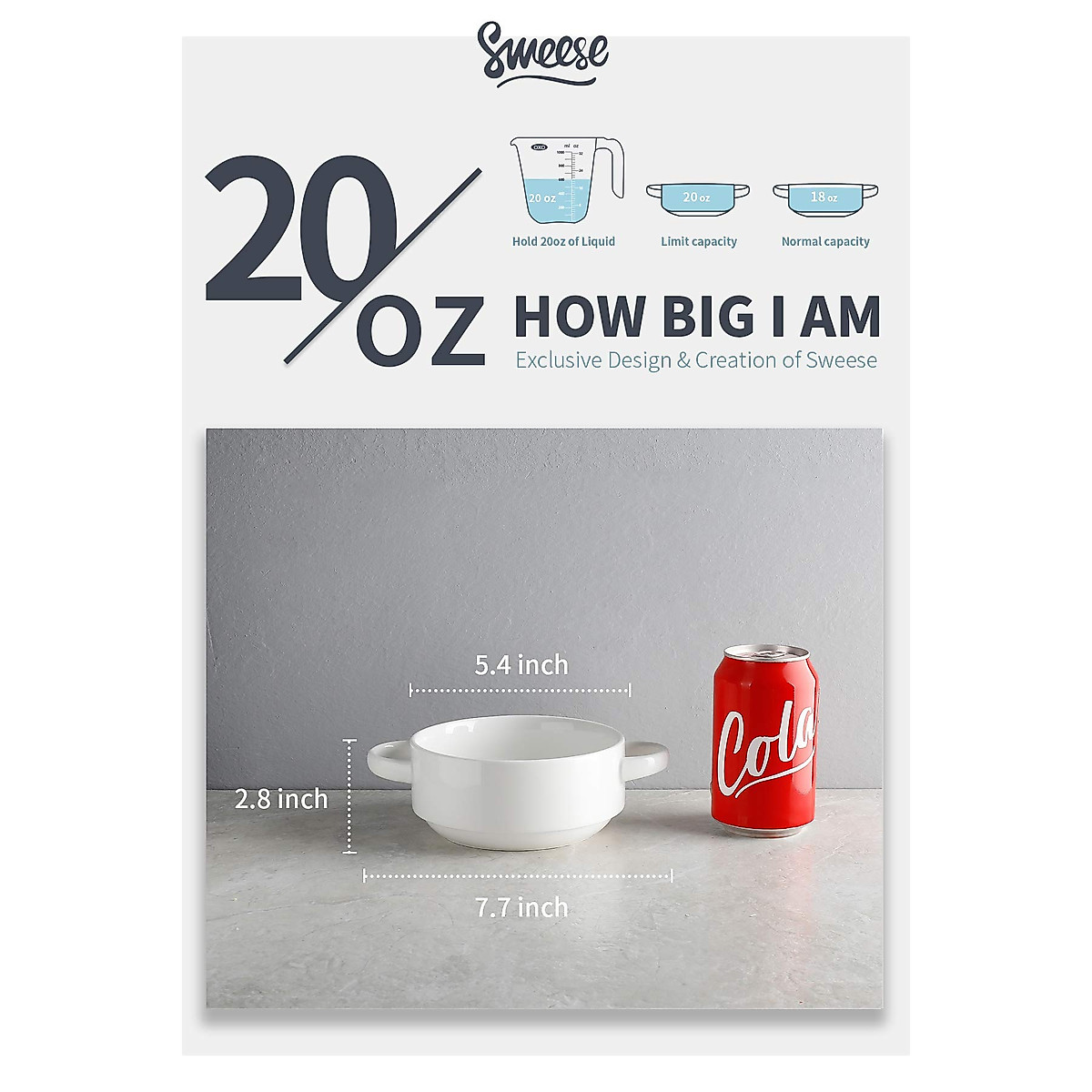 Sweese 108.000 Porcelain Bowl with Handles - 20 Ounce for Soup, Cereal, Stew, Chill, Set of 1, White