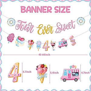 JUYRLE Four Sweet Birthday Decorations- 4 Ever Sweet Party Banner with Donut, Ice Cream, Macaron Pink Theme fourth Birthday Party Decor for baby Girls 4th Birthday Supplies