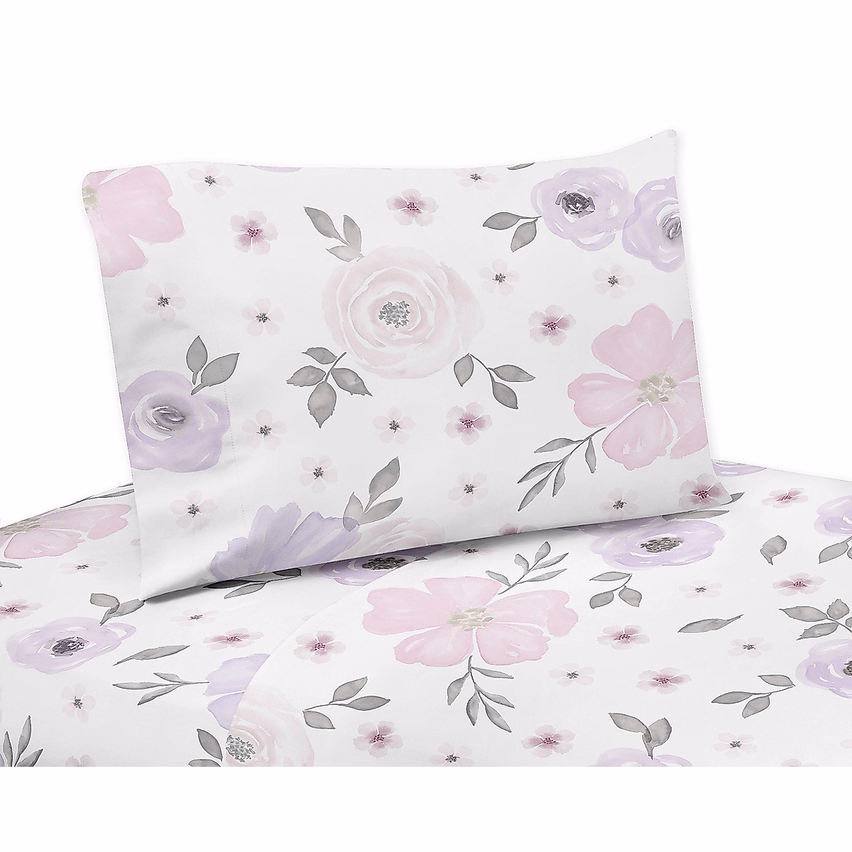 Sweet JoJo Designs Lavender Purple, Pink, Grey and White Twin Sheet Set for Watercolor Floral Collection - 3 Piece Set - Rose Flower