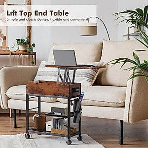 Colima Lift Top End Table with Charging Station and Wheels, Sofa Side Table with USB Port & AC Outlets, Movable Bedside Nightstand with Side Bag for Office Living Room Bedroom(Rustic Wood)