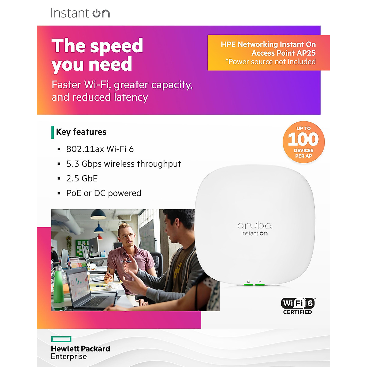 HPE Networking Instant On Access Point AP25 4x4 WiFi 6 Indoor Wireless Access Point | Power Source Not Included | US Model (R9B27A)