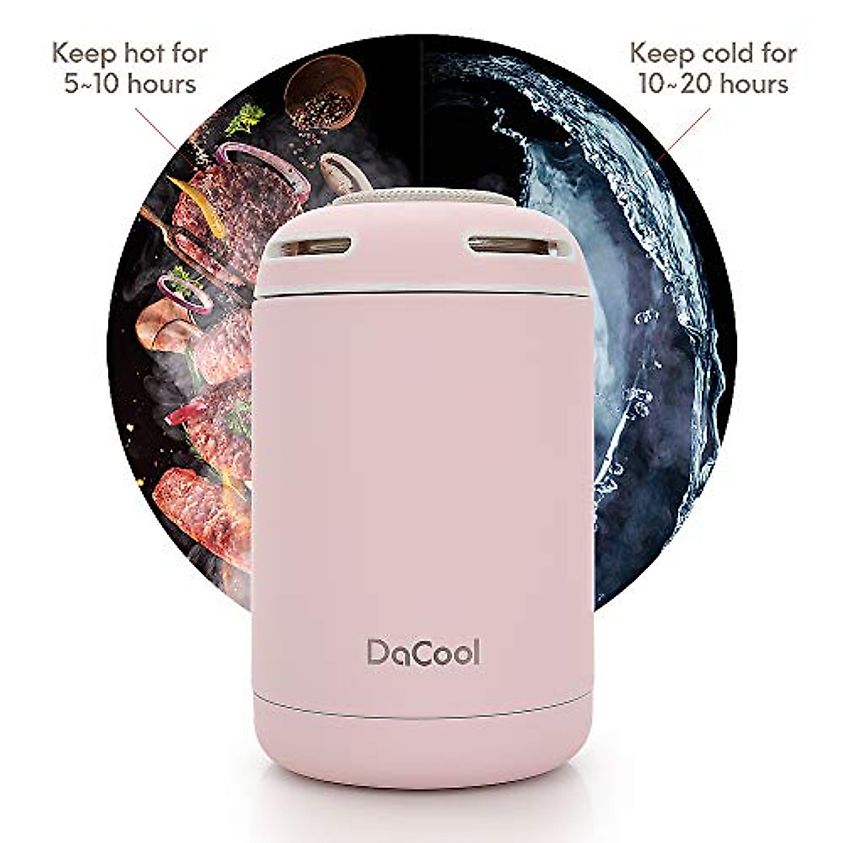 DaCool Insulated Lunch Containers Hot Food Jar Vacuum Insulated Stainless Steel 16 oz Leak Proof Keep Food Cold Hot Food Container Lunch Box School Camping Outdoors,BPA Free- Pink