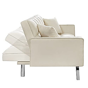 hansones Futon Sofa Bed,Loveseat Folding Daybed，Modern Velvet Fabric Convertible Folding Lounge Couch withwith Arm 2 Pillows Split for Small Space, Home, Living Room (Cream White)