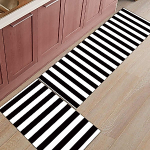 Black White Stripes Kitchen Rugs and Mats Set of 2, Washable Floor Doormat Comfort Area Runner Rug Non-Slip Rubber Backing for Indoor Classic Modern Striped