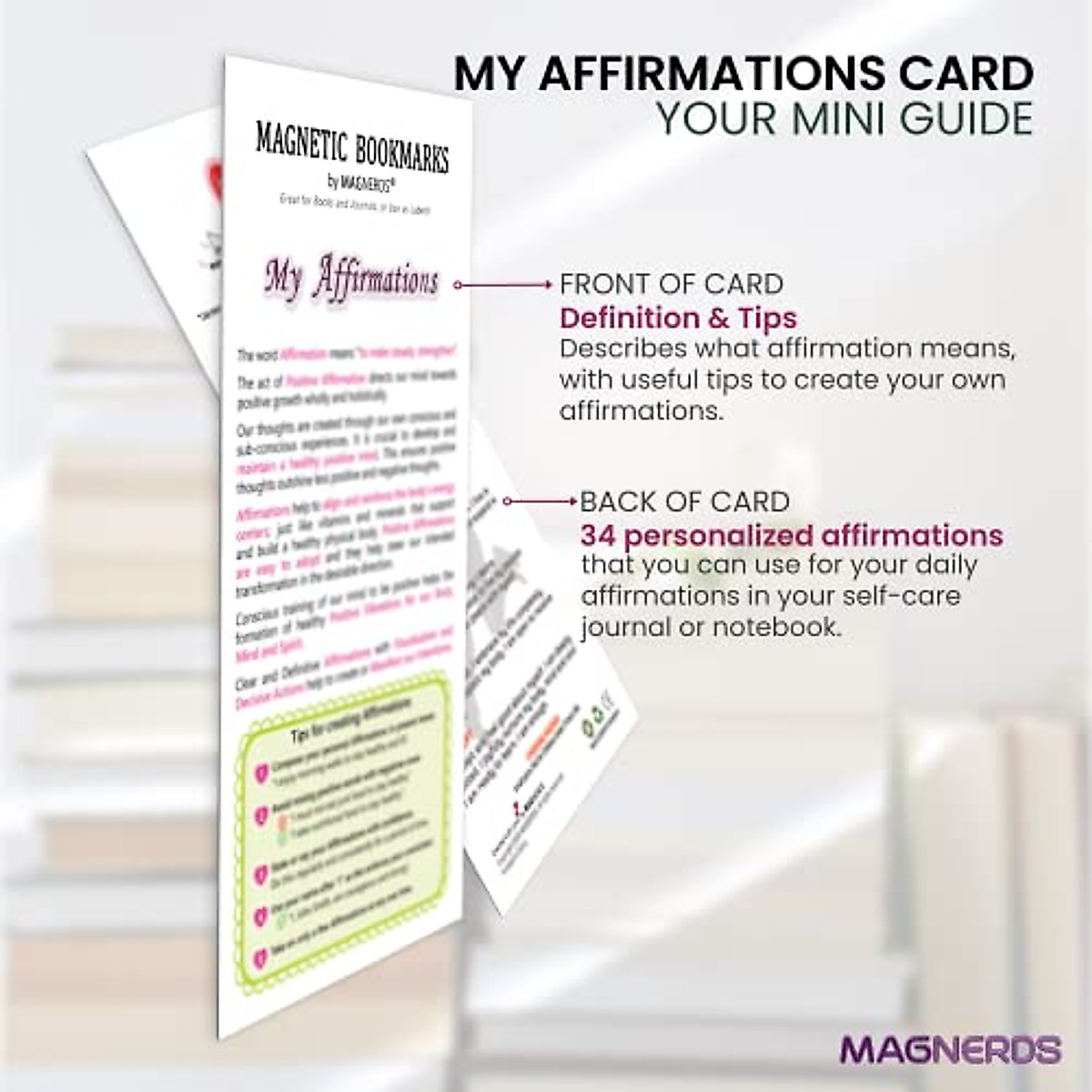 My Affirmations Magnetic Bookmarks Set (8 Page Markers) with Guide Card and 34 Positive Affirmations