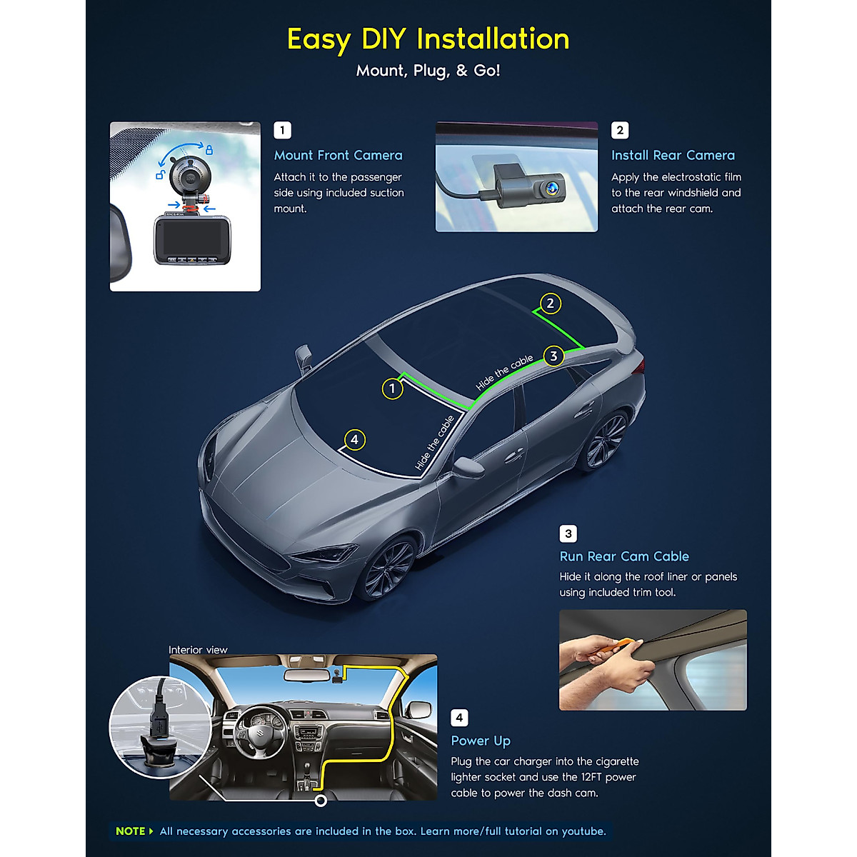 ROVE R2-4K DUAL Dash Cam Front and Rear, STARVIS 2 Sensor, FREE 128GB Card Included, 5G WiFi - up to 20MB/s Fastest Download Speed with App, 4K 2160P/FHD Dash Camera for Cars, 3" IPS, 24H Parking Mode