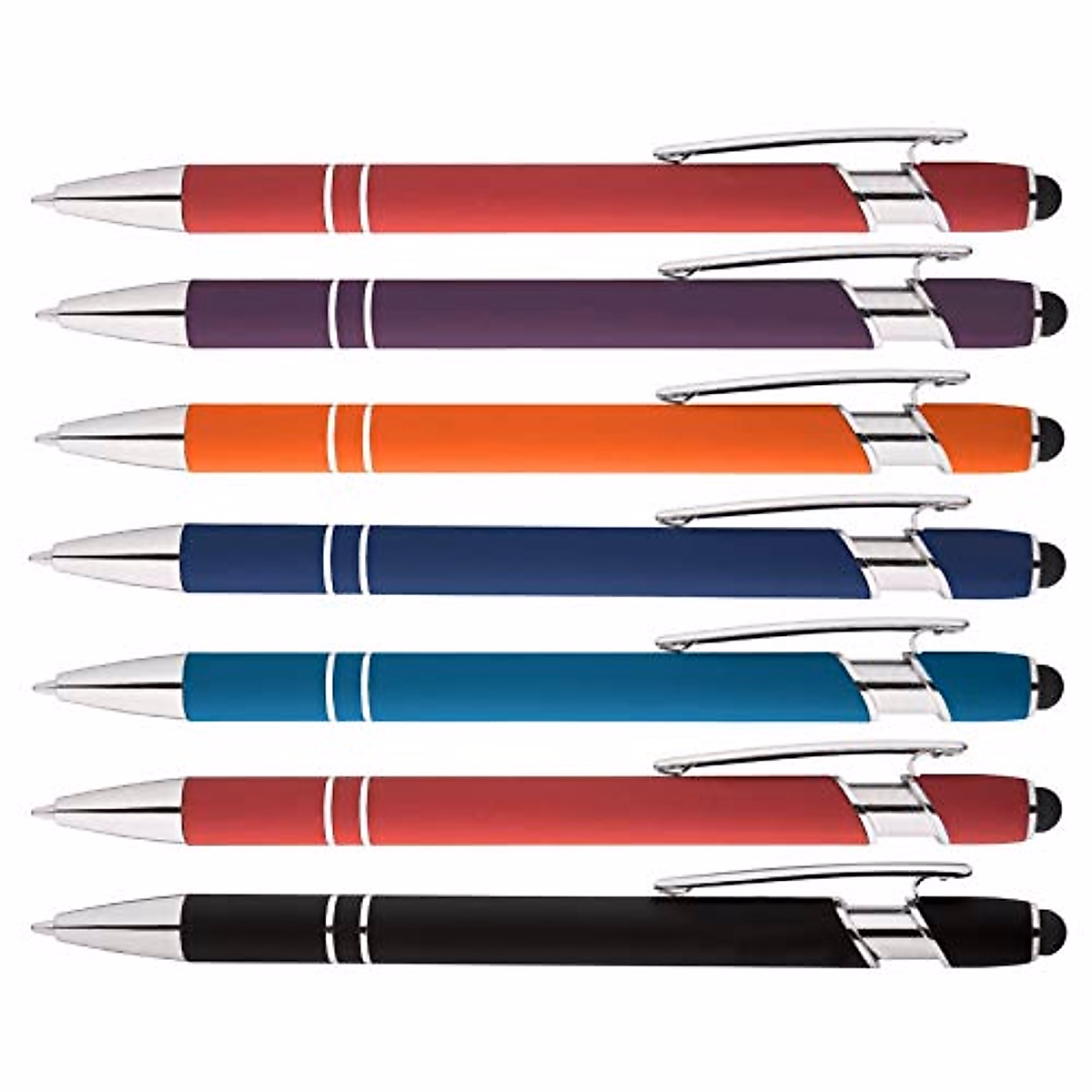 Rainbow Rubberized Soft Touch Ballpoint Pen with Stylus Tip a stylish, premium metal pen, black ink, medium point. Box of 7 (ASSORTMENT)