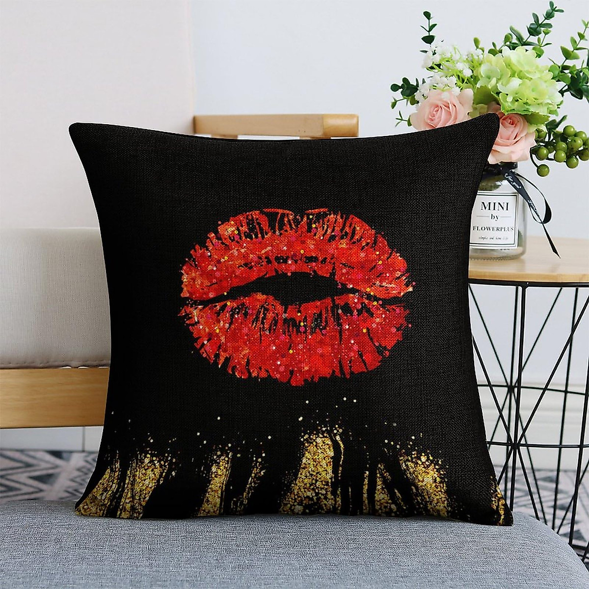 JOJOART Red Glitter Mouth Throw Pillow Covers 18×18 Pillowcases Set of 1 Sexy Kiss Lips Linen Decorative Square Pillow Case Cushion Covers Standard Size for Sofa Couch Outdoor Bed Pillow Protectors