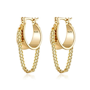 Ritach 925 Sterling Silver Small Huggie Hoop Earrings for Women Trendy 14K Gold Plated Chain Hoop Flower Dangle Drop Earrings