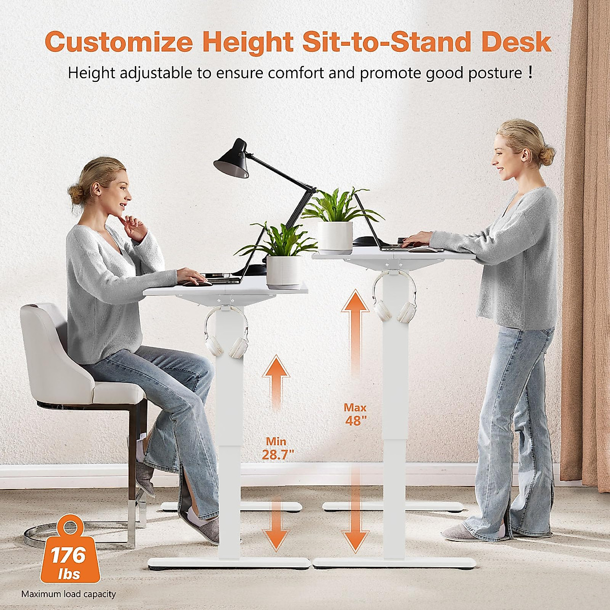 Sweetcrispy Electric Standing Desk - 48 x 24 inch Adjustable Height Sit to Stand Up Desk with Splice Board, Rising Home Office Computer Table with 2 Hook and Wire Hole for Work