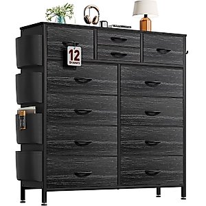 YaFiti Dresser for Bedroom with 12 Drawers, Chest of Drawers with Side Pockets and Hooks, Fabric Dresser Drawers for Living Room, Hallway, Entryway (Black Wood Grain)
