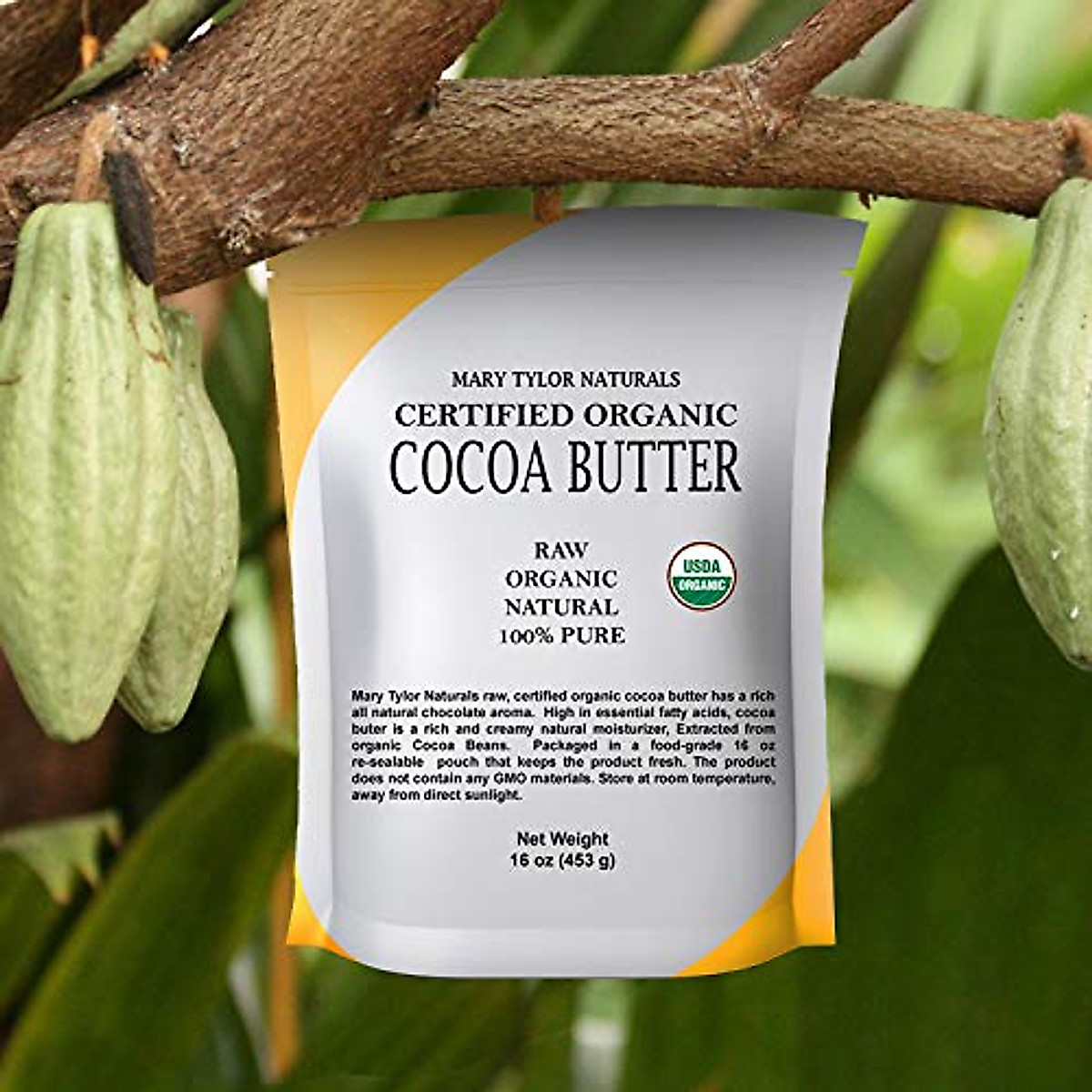 Mary Tylor Naturals Organic Cocoa Butter 1 lb — USDA Certified Raw Unrefined, Non-Deodorized, Rich In Antioxidants — for DIY Recipes, Lip Balms, Lotions, Creams, Stretch Marks