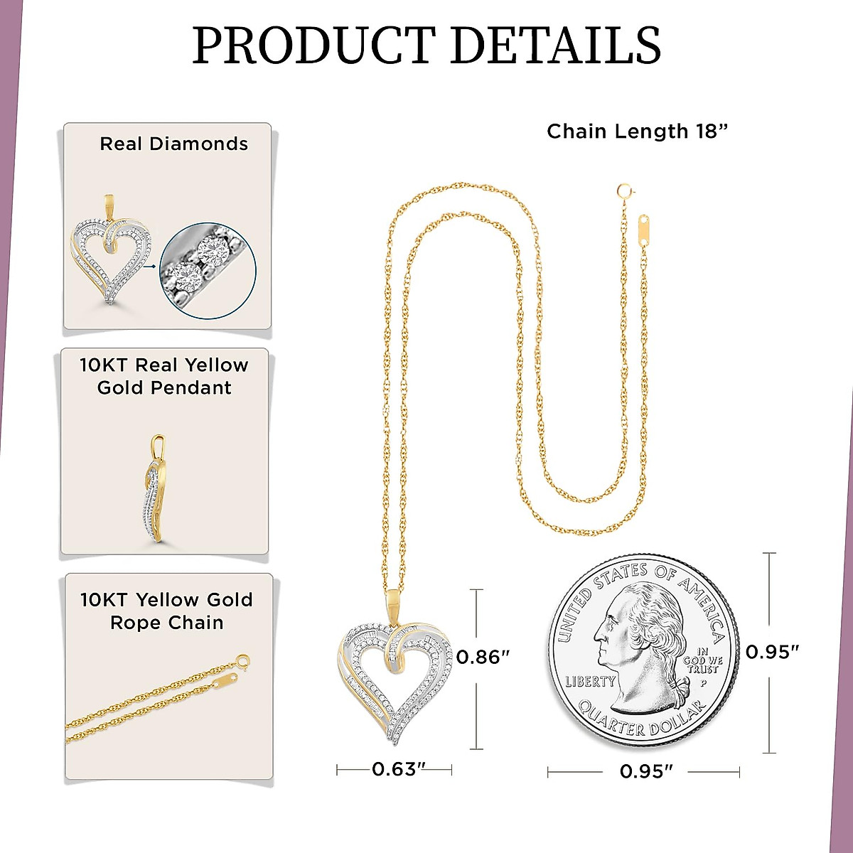 Jewelili 10k Yellow Gold Heart Shape Pendant Necklace with Natural White Round and Baguette Diamonds, 1/4 cttw, 18" Rope Chain