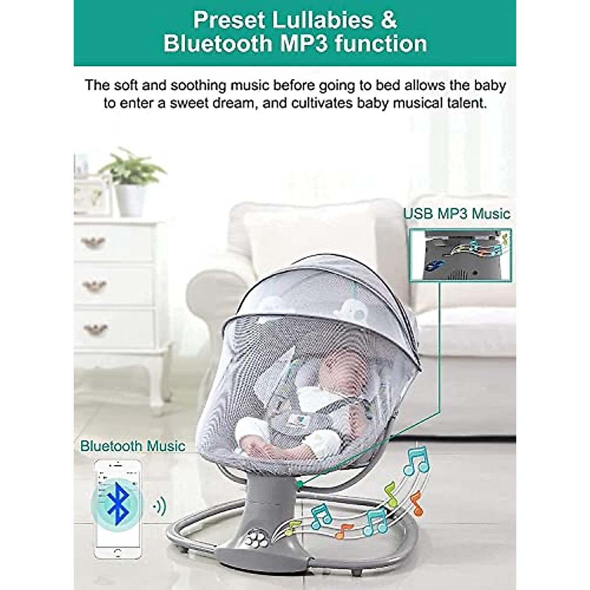 Electric Baby Rocking Chair, Foldable Stationary Baby Swing, 5 Amplitudes Baby Rocker with Music, Bluetooth and Timing Function, Portable Bouncing Baby Seat for Inside and Outdoor (Pink)