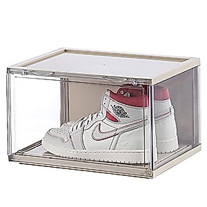 W XUEXIEWU K.T.Z Shoe Boxes，Clear Plastic Shoe Box，Sports Shoe Storage Box， Magnetic Side Open Stackable Shoe Box（Khaki 1PCS）