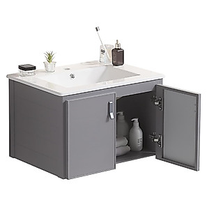 NOTOP 24" Floating Bathroom Vanity with White Ceramic Sink Comb, Modern Undermount Two Metal Soft Close Doors Wall-Mounted Cabinet Set for Small Space Saver Organizer,Grey, 24IN