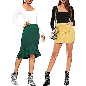 OQQ Women's 2 Piece Bodysuits Sexy Ribbed One Piece Square Neck Long Sleeve Tops Black White