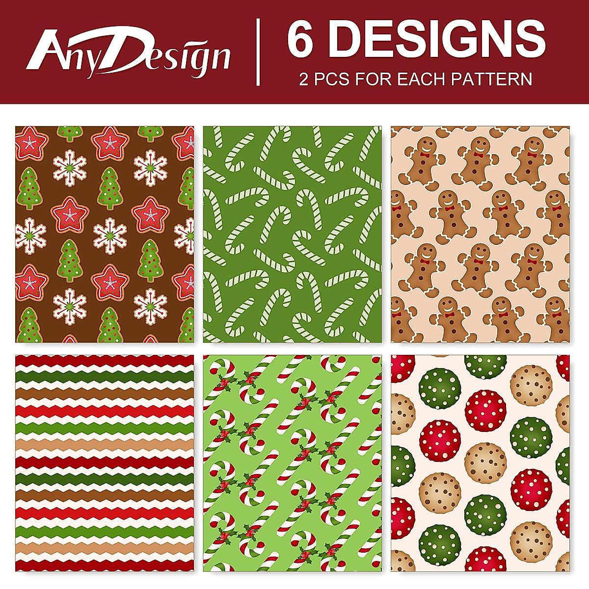 AnyDesign 12 Sheets Christmas Wrapping Paper Gingerbread Man Candy Canes Snowflake Gift Wrap Paper Bulk Xmas Folded Flat DIY Art Craft Paper for Birthday Holiday Party, 19.7 x 27.6 Inch