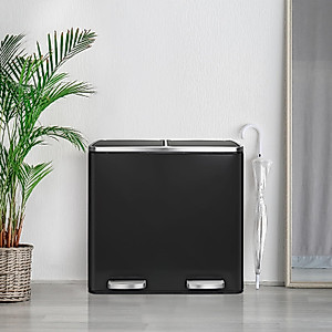 Arlopu 12 GallonStainless Steel Trash Can, 48L Dual Compartment, Metal Kitchen Step Recycle Bin, Metal Double Dustbin, in-Home Garbage Rubbish Can W/Removable Liner Buckets (Black)