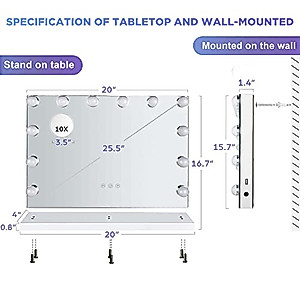 M MIVONDA Lighted Makeup Vanity Hollywood Mirror with 3 Color Lights Dimmable LED Bulbs with 10X Magnification, 2in1 Tabletop and Wall-Mounted Mirror with Plug-in and USB Charger Port