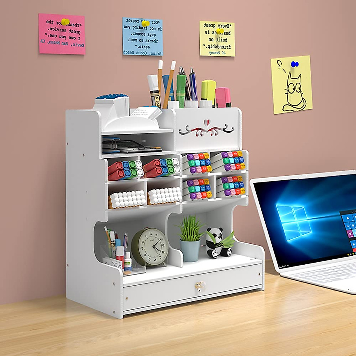 White Pen Organizer with Drawer, DIY Pencil Holder Desk Tidy Caddy Office Stationery Desktop Organizer for Home, Office and School(PB18-1-White)