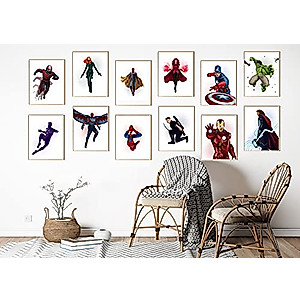 Set of 12 Superhero Posters - Ant-Man - Falcon - Hulk - Wanda - Black Widow - Iron Man - Hawkeye- Spider-Man - Black Panther - Captain America - Thor and Vision (Concept art style, 8x10)