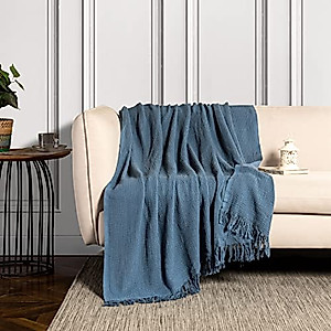 ANVI HOME Cotton Woven Throw Blanket with Fringes, Summer Lightweight Breathable Soft Boho Poncho for Bed, Sofa, Couch, Travel, Chair, Gift, 50x60 Inch, Blue/Navy