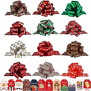 PintreeLand 24PCS Christmas Bows for Gift Wrapping & 24PCS Gift Tags, 5” Xmas Pull Bows with Ribbon Wrap Accessory for Present, Florist, Bouquet, Hamper, Basket Decor, Easy to Assemble