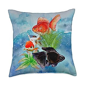 Goldfish Lovers Gifts Fancy Oranda Goldfish Black Moor Ornamental Aquarium Fish Throw Pillow, 18x18, Multicolor