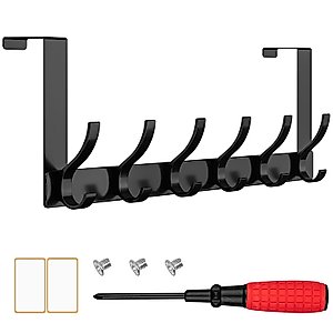 TEELLA Over The Door Hooks, 12 Hooks Over The Door Hanger Hook, 15.5" L x 4.5" H Over Door Hook, Over Door Towel Rack Coat Rack, Door Hooks for Hanging, Black