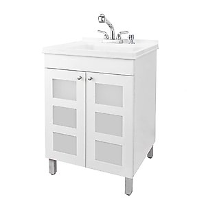 JS Jackson Supplies Utility Sink with White Vanity Cabinet, Chrome Finish Pull-Out Sprayer Faucet, Soap Dispenser and Spacious Vanity for Laundry Room