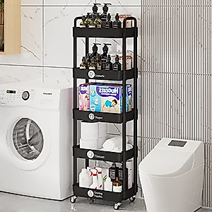 Laiensia 5-Tier Storage Cart,Multifunction Utility Rolling Cart Kitchen Storage Organizer,Mobile Shelving Unit Cart with Lockable Wheels for Bathroom,Laundry,with Classified Stickers,Black