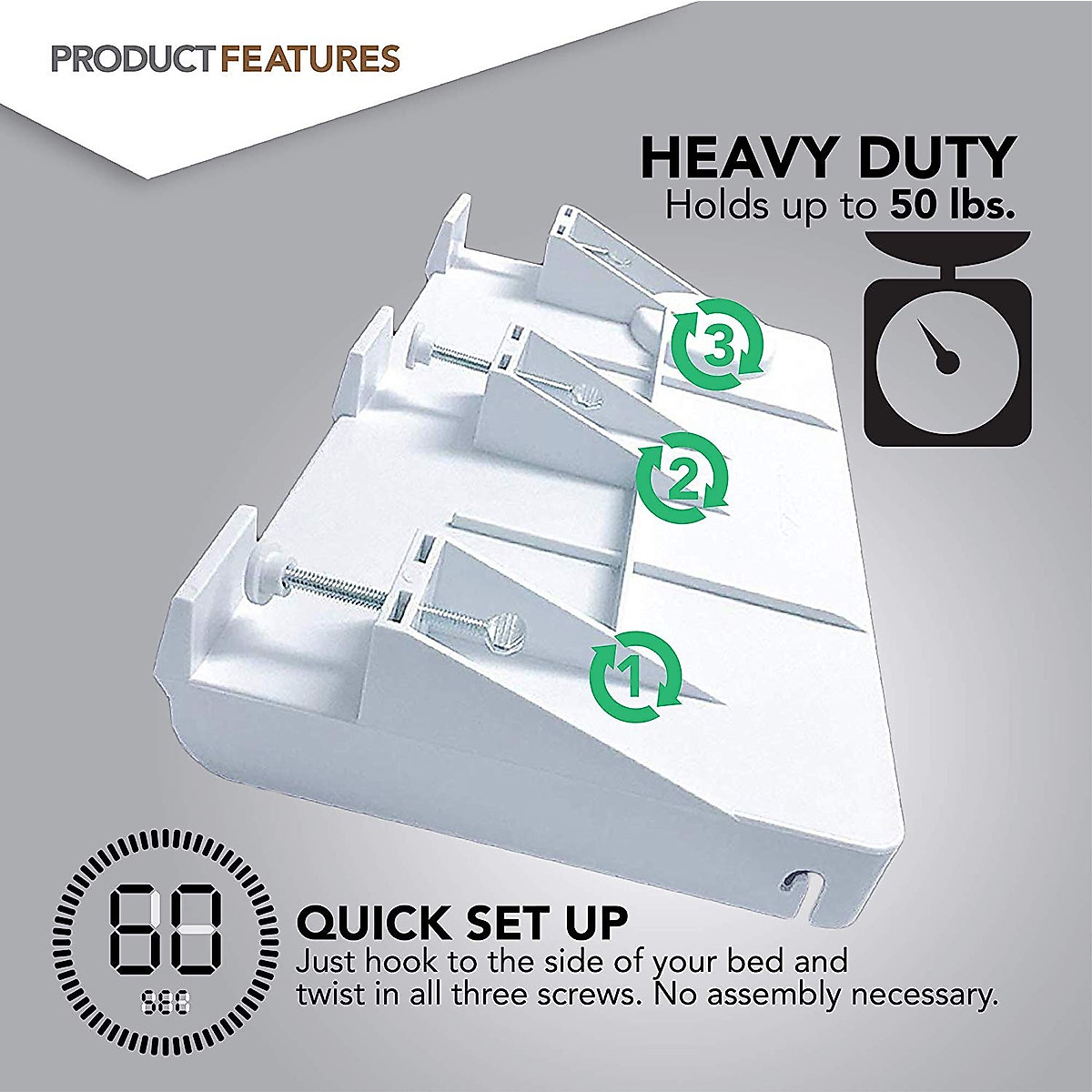 Modern Innovations Bedside Shelf for Bed, College Dorm Room, Bunk Bed Shelf/Caddy for Top Bunk, Clip On Nightstand Tray with Cord and Cup Holder for Table Storage (White)