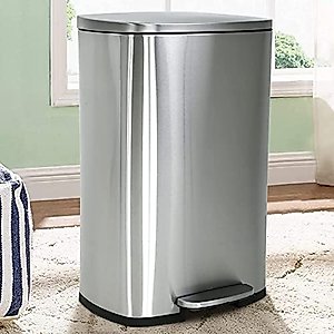 13 Gallon Steel Step Trash Can,Kitchen Trash Can with Lid & Inner Buckets , Stainless Steel Rectangular Garbage Bin , 50 L Pedal Soft Step Slow & Silent Open Close Dustbin for Kitchen, Office (Silver)
