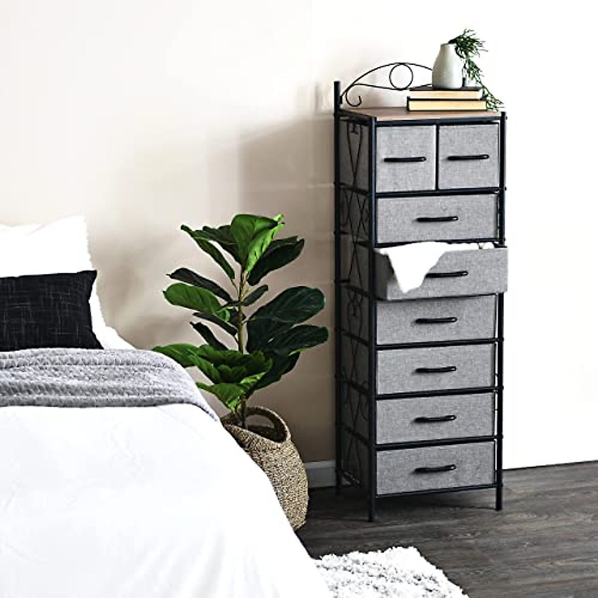 Household Essentials Victoria Dresser Tower Storage Organizer with 8 Drawers Black Metal Frame and Ashwood Rustic Wood Grain Top