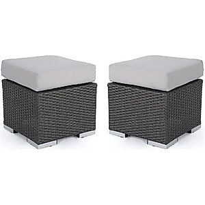 GDFStudio Outdoor 16 Inch Grey Wicker Ottoman Seat with Silver Water Resistant Cushion (Set of 2)