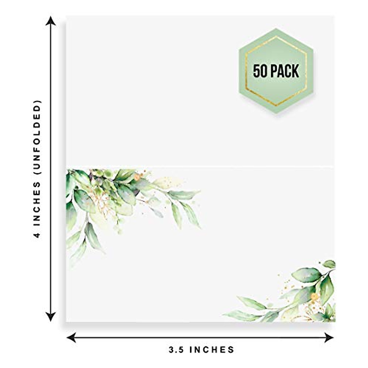 Wedding Place Cards Table, 50 Pack, 2 x 3.5 inch, Gold & Greenery Place Cards for Weddings, Premium Eucalyptus Wedding Name Place Cards for Table Setting, Easy Folding Matte Finish Placecards Wedding