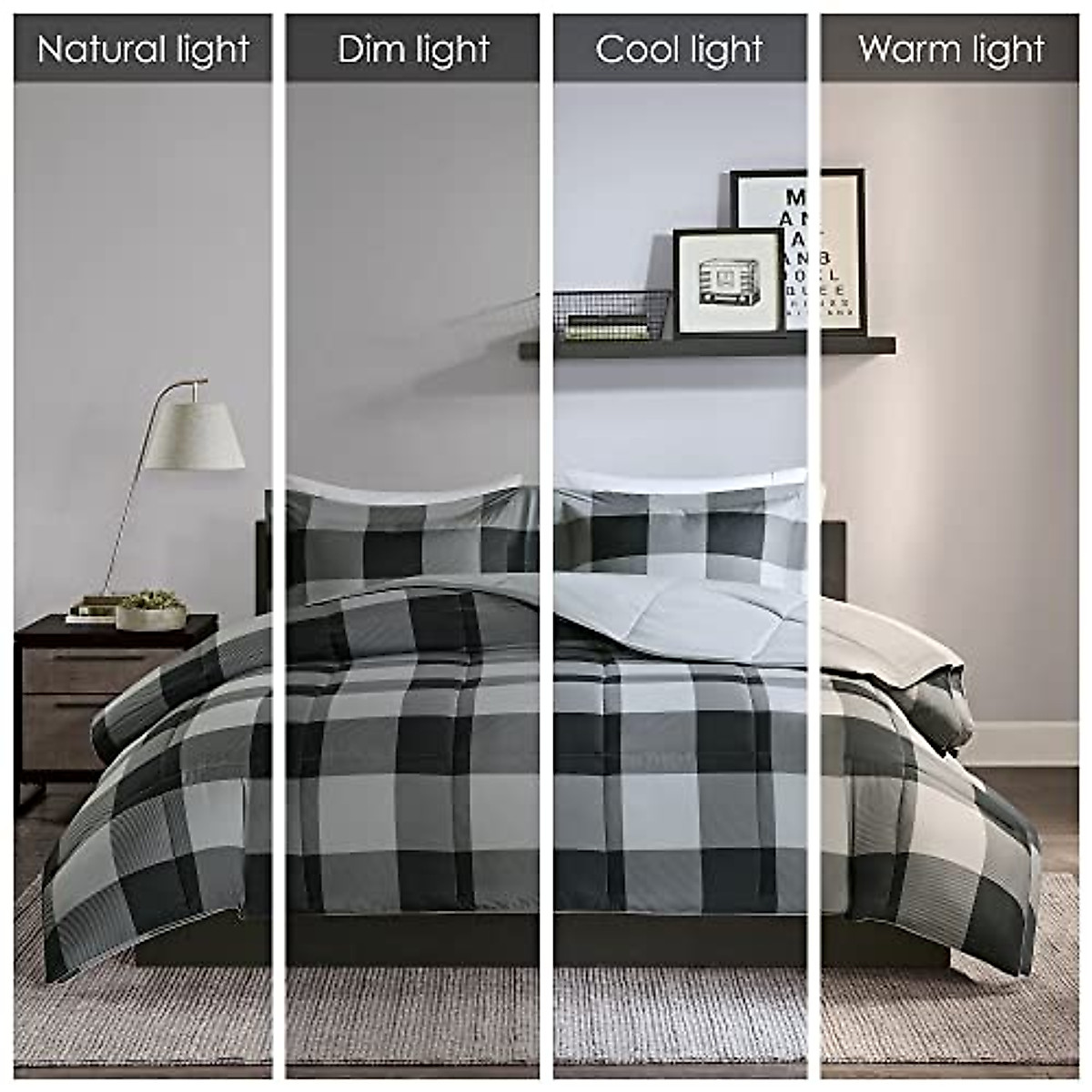 Madison Park Essentials Plaid Sets 3M Scotchgard Moisture Wicking - Ultra Soft Down Alternative Microfiber Bed Comforters, Twin/Twin XL, Grey/Black