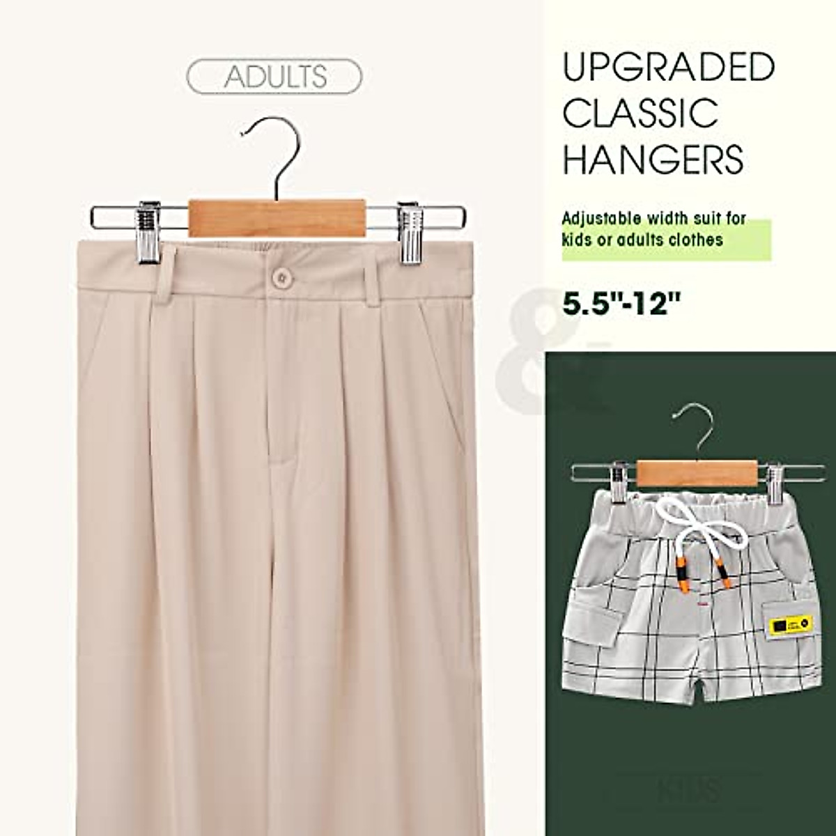 Ulimart Pants Hangers 20Pcs Skirt Hangers for Everyday Use,Wooden Pant Hangers for Adult for Kids,Pants Hangers with Clips Non-Slip,Anti-Rust Hook（Natural