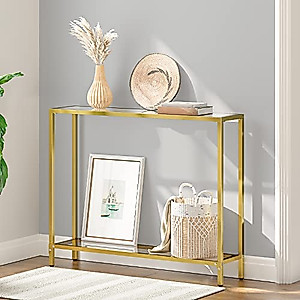HOOBRO 39.4" Gold Console Table, Tempered Glass Sofa Table, Narrow Entryway Table, Metal Frame, Modern Style, Hallway, Living Room, GD04XG01